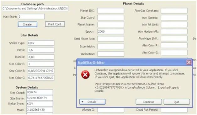 MultiStarOrbiter - Unhandled exception has occurred in your application ... MultiStarOrbiter - Unhandled exception has occurred in your application ...